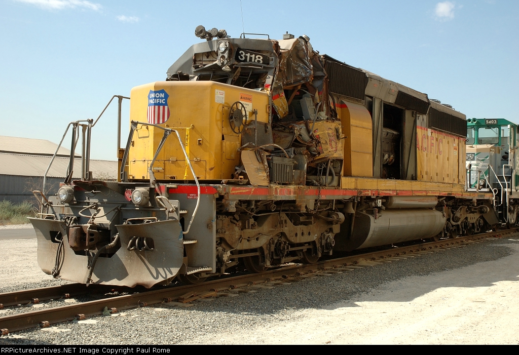 UP 3118, EMD SD40-2, side swipe yard wreck, seen here